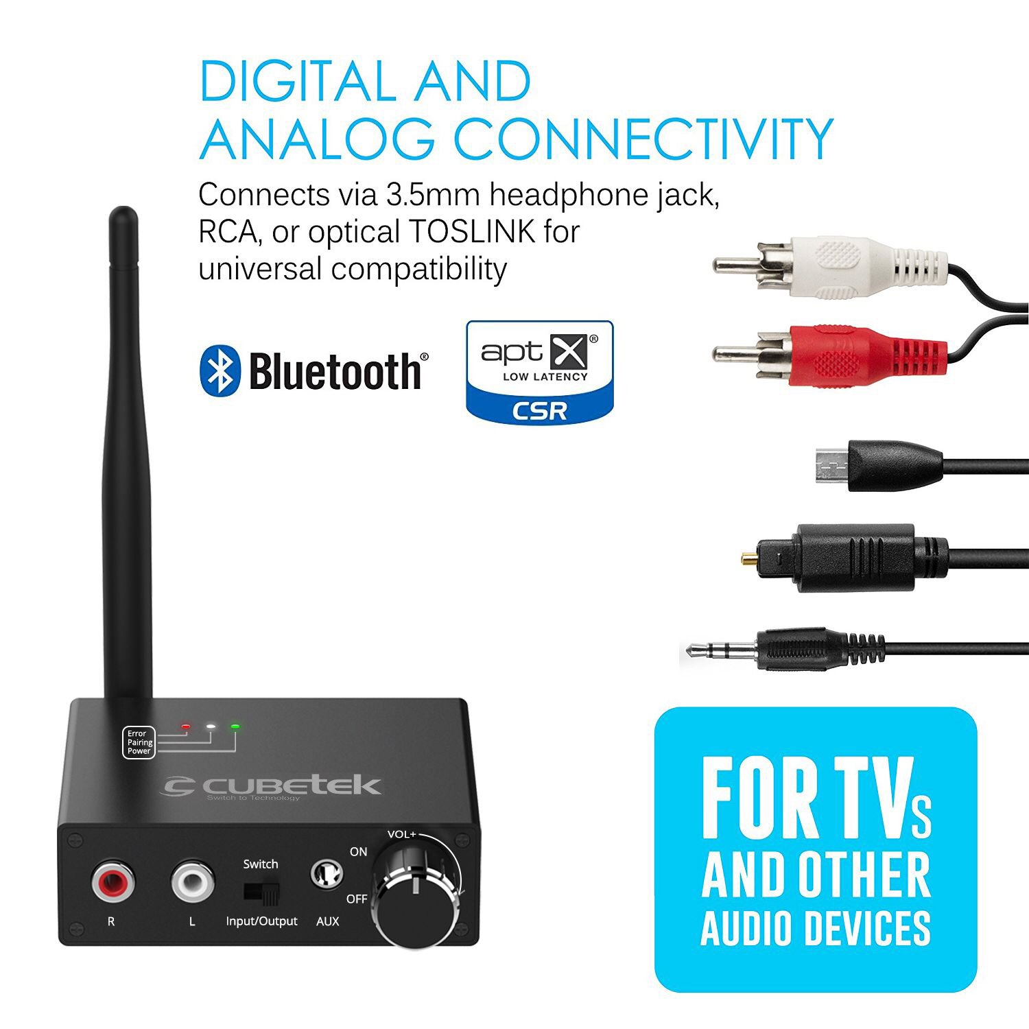 Cubetek Long Range Bluetooth Transmitter with aptX LL, DAC, Optical ...