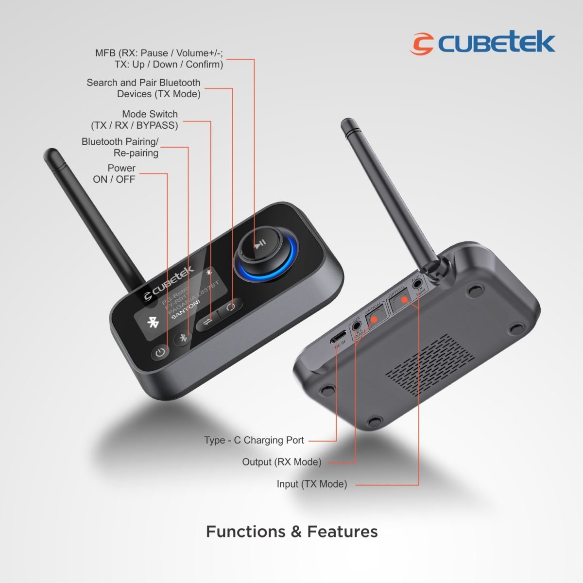 Cubetek 3 in 1 LCD Display V5.0 Bluetooth Transmitter Receiver, Bypass ...